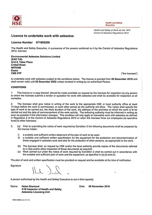 Licenses & Insurance - Environmental Asbestos Solutions
