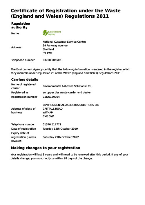 Licenses & Insurance - Environmental Asbestos Solutions